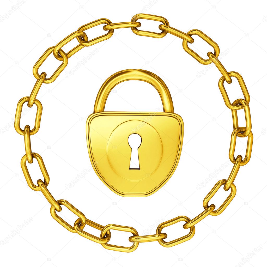 Gold lock with chain isolated security illustration — Stock Photo ...
