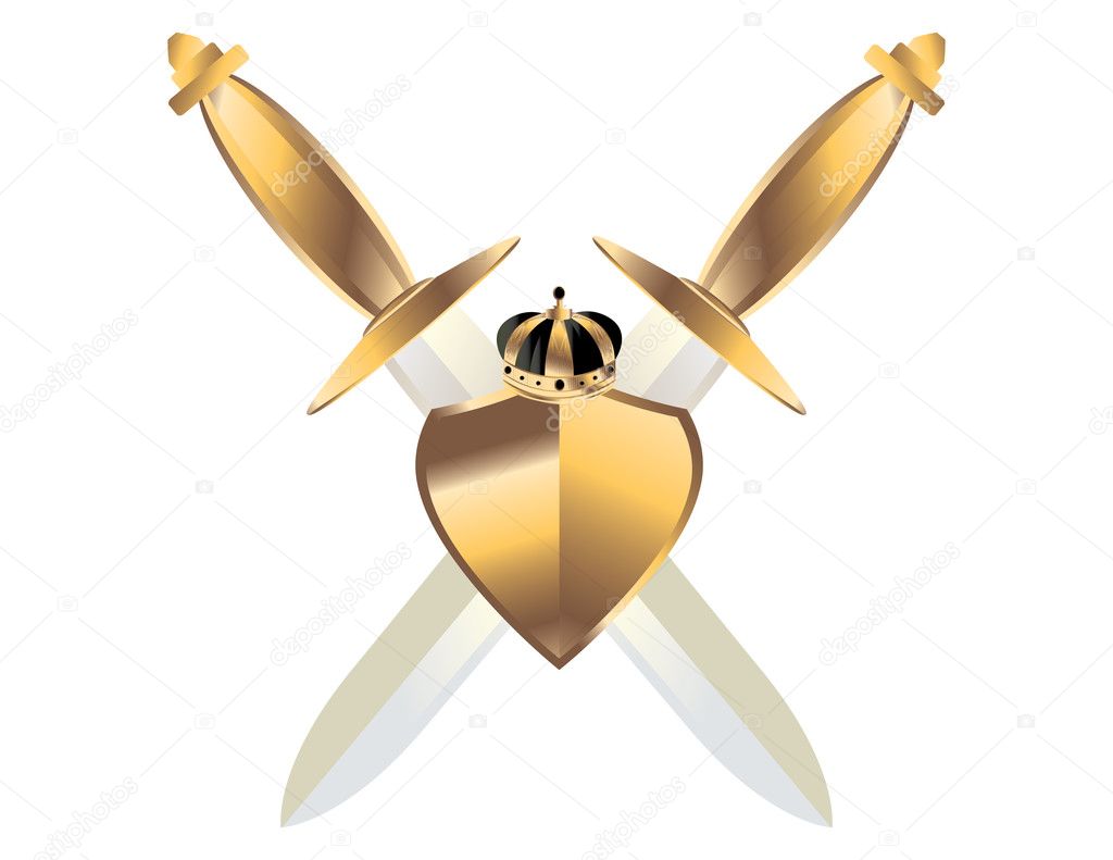 Gold hilted swords under gold shield wit — Stock Vector © Randomway ...