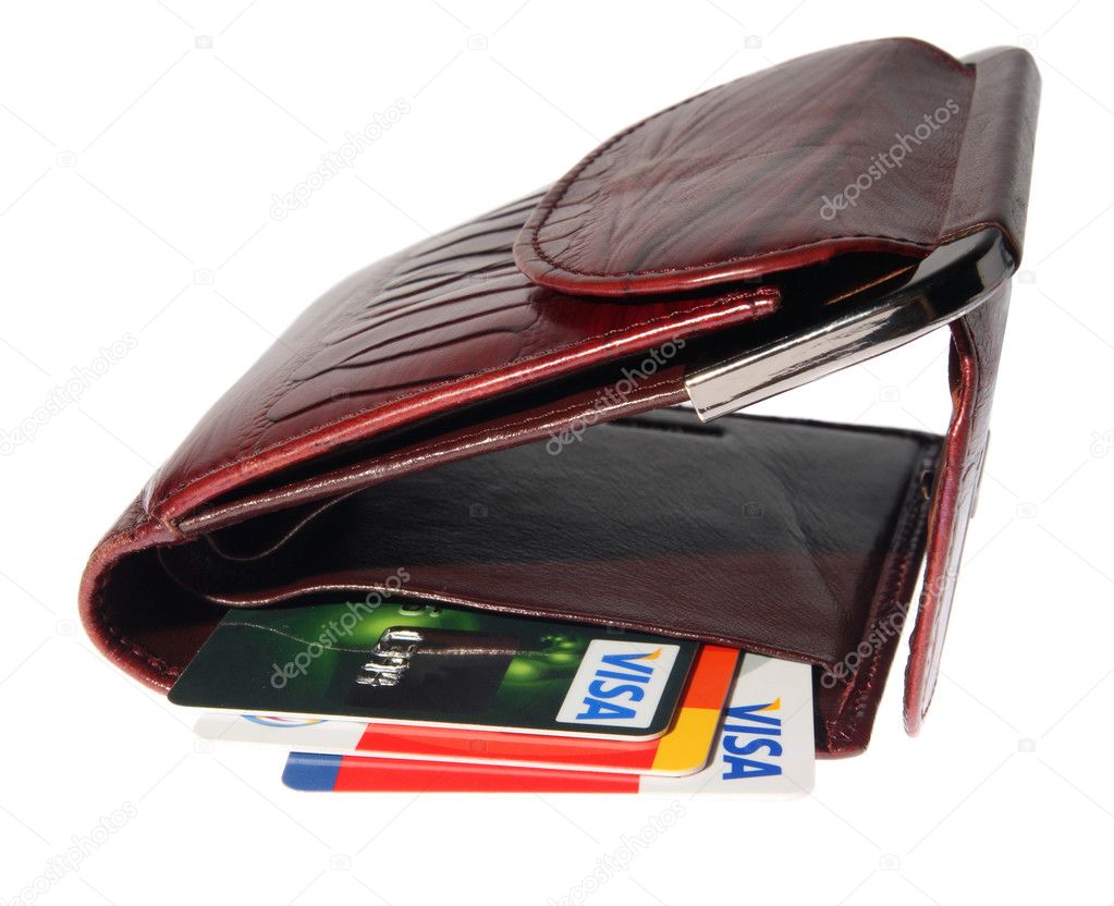Full purse of money and credit cards on the white background Stock ...