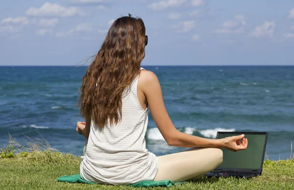Woman with laptop in yoga pose — Stock Photo #1174592 - Stock Image ...