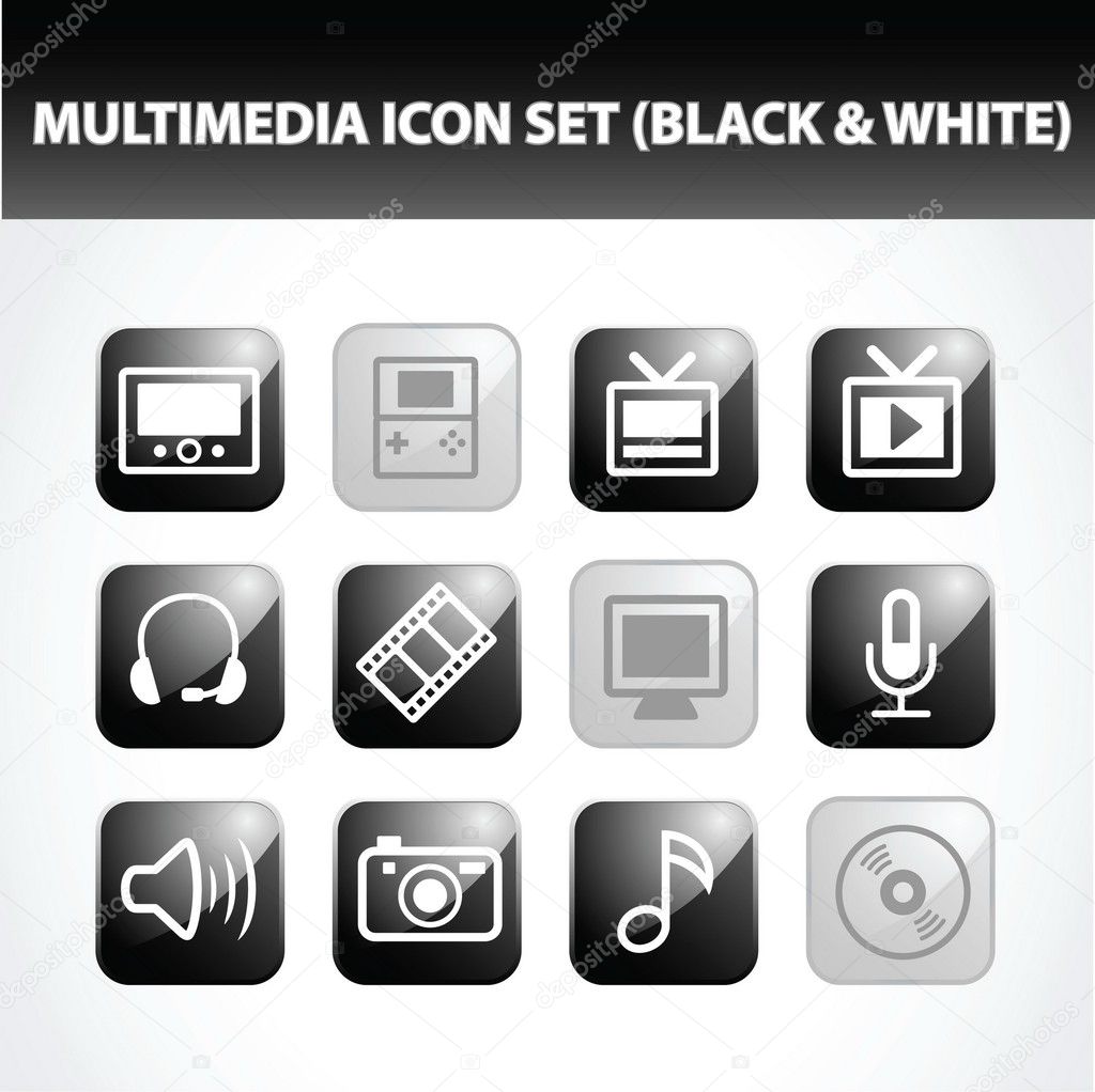 Multimedia Icon Set (Black & White) — Stock Vector © artlosk #1266690