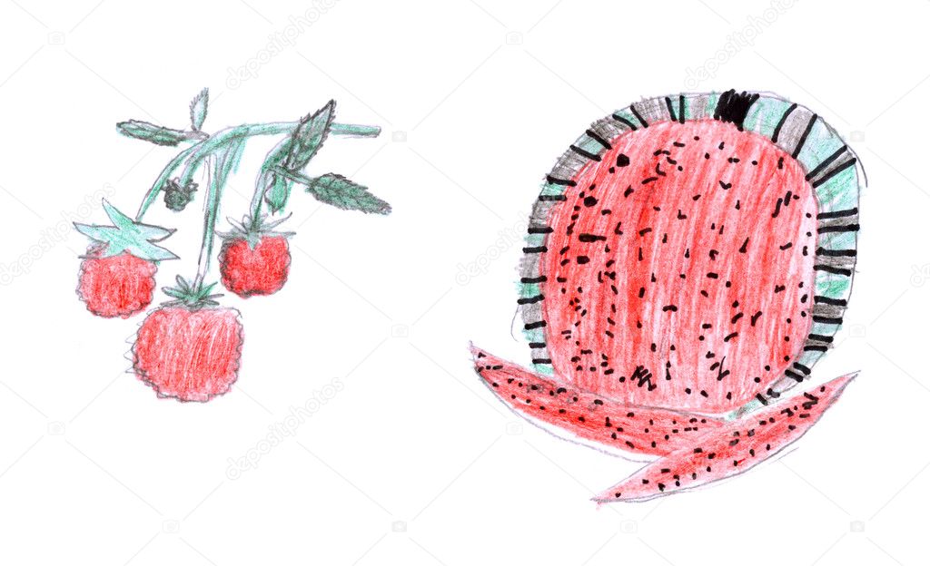 Raspberry and watermelon kid`s drawing Stock Illustration by ©nadyaus ...