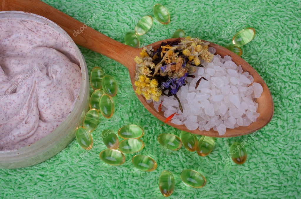 Spa set: body scrub, sea salt and herbs Stock Photo by ©L_amica 1863609