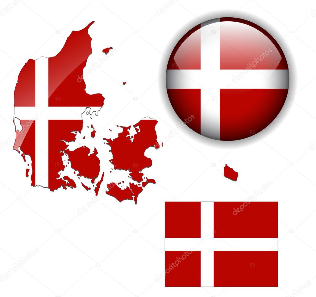 Denmark flag, map and glossy button. — Stock Vector © cobalt88 #2497482