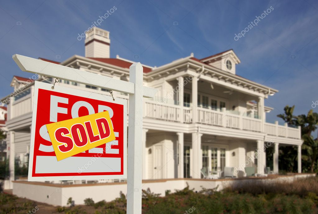 Sold Home Real Estate Sign and House — Stock Photo © Feverpitch #2369324