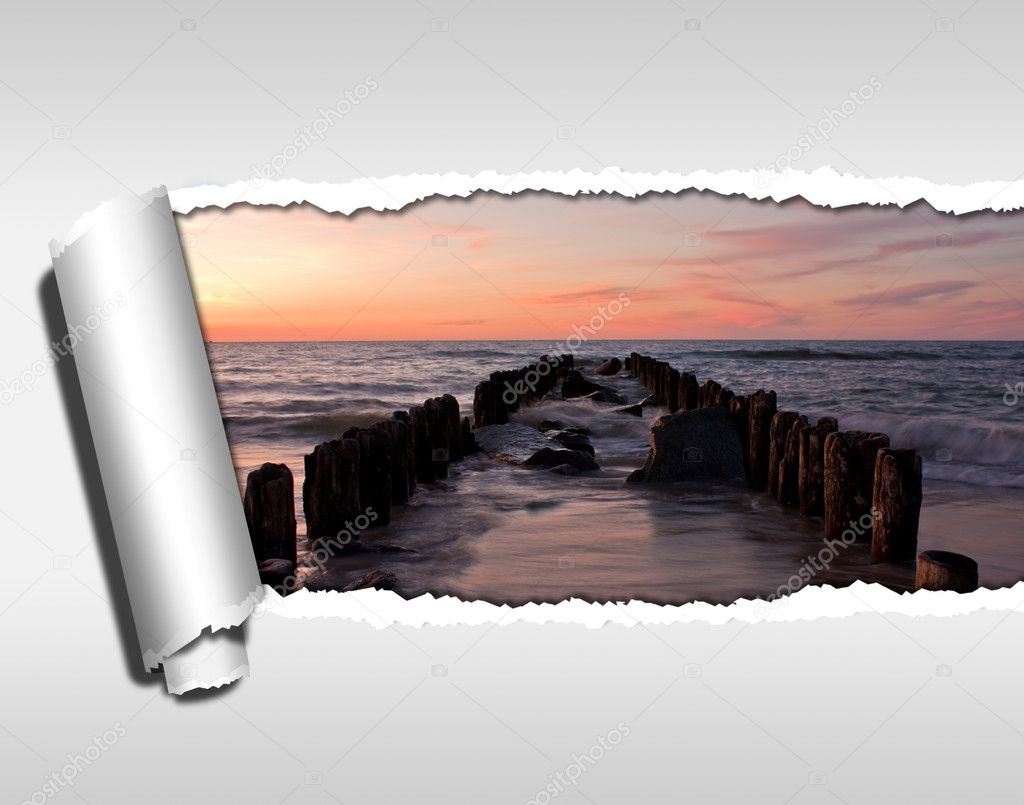 Torn rolled ripped paper, beach holidays — Stock Photo © sdecoret #2427699